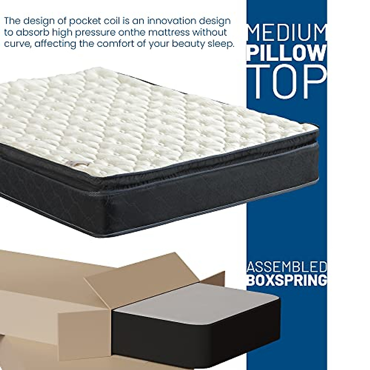 Treaton, 9-Inch Medium Firm Pillow Top Heavier Pocket Coil Hybrid Mattress, Motion Isolation with Durable Support, Bed 8" Split Wood Box Spring, Full, Black