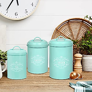 Baie Maison Large Turquoise Farmhouse Canister Sets for Kitchen Counter Airtight - Set of 3 Rustic Coffee, Sugar Tea Storage Containers - Teal Decor Jars - Vintage Kitchen Canisters Set for Countertop