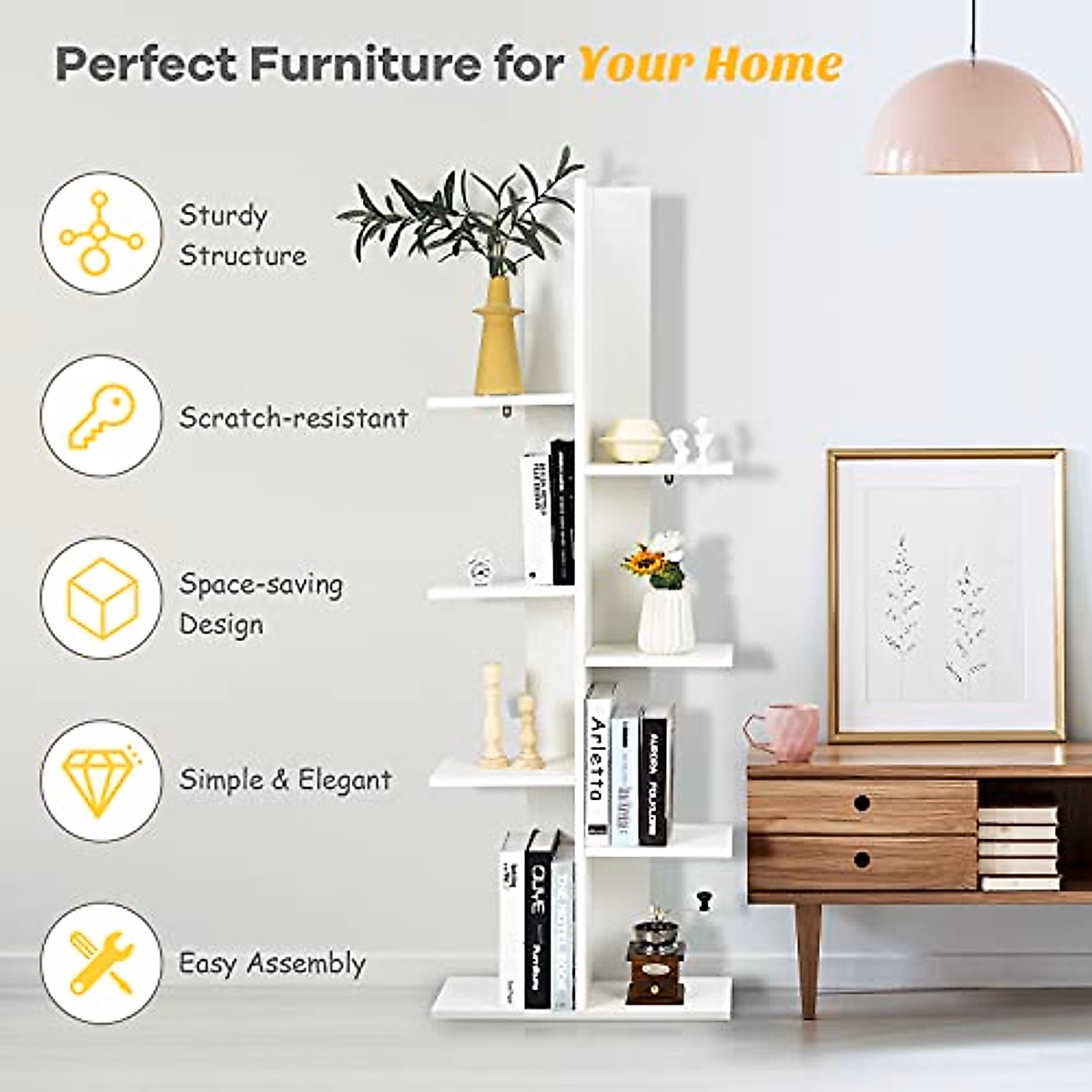 Tangkula 8 Shelf Bookshelf, Wooden Tree Bookcase with 8 Book Shelf, 20”L x 8”W x 55.5”H, Freestanding 8 Tier Storage Display Shelf with Anti-toppling, Corner Shelf for Living Room Home Office (White)