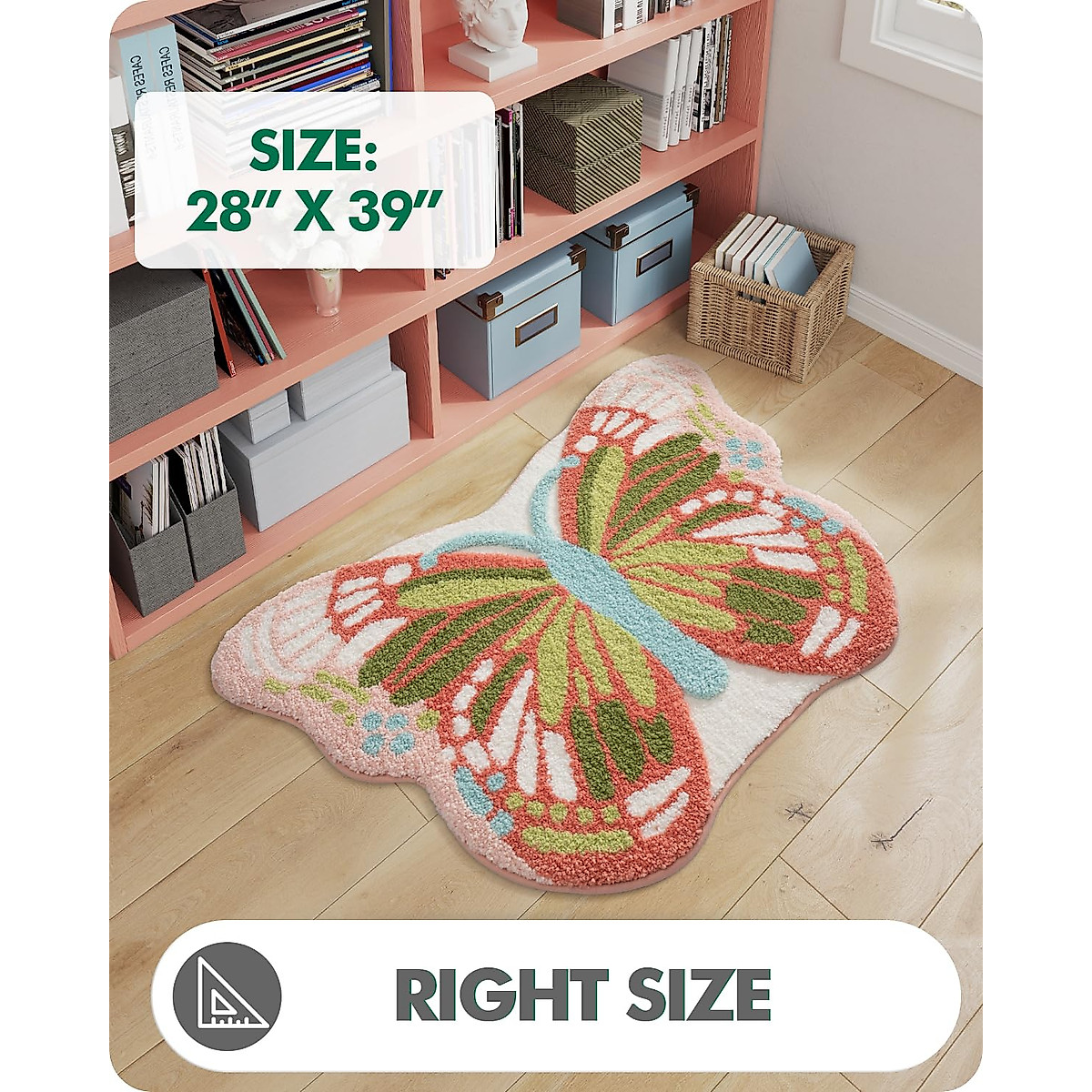 LUMI Area Rug, Shag Ultra-Soft Absorbent Rugs, Washable Non-Slip Backing Cute Carpet, Plush High Pile Floor Mats for Living Room, Kids Room, Bedroom and Nursery Room Decor, 28"x39", Pink Butterfly