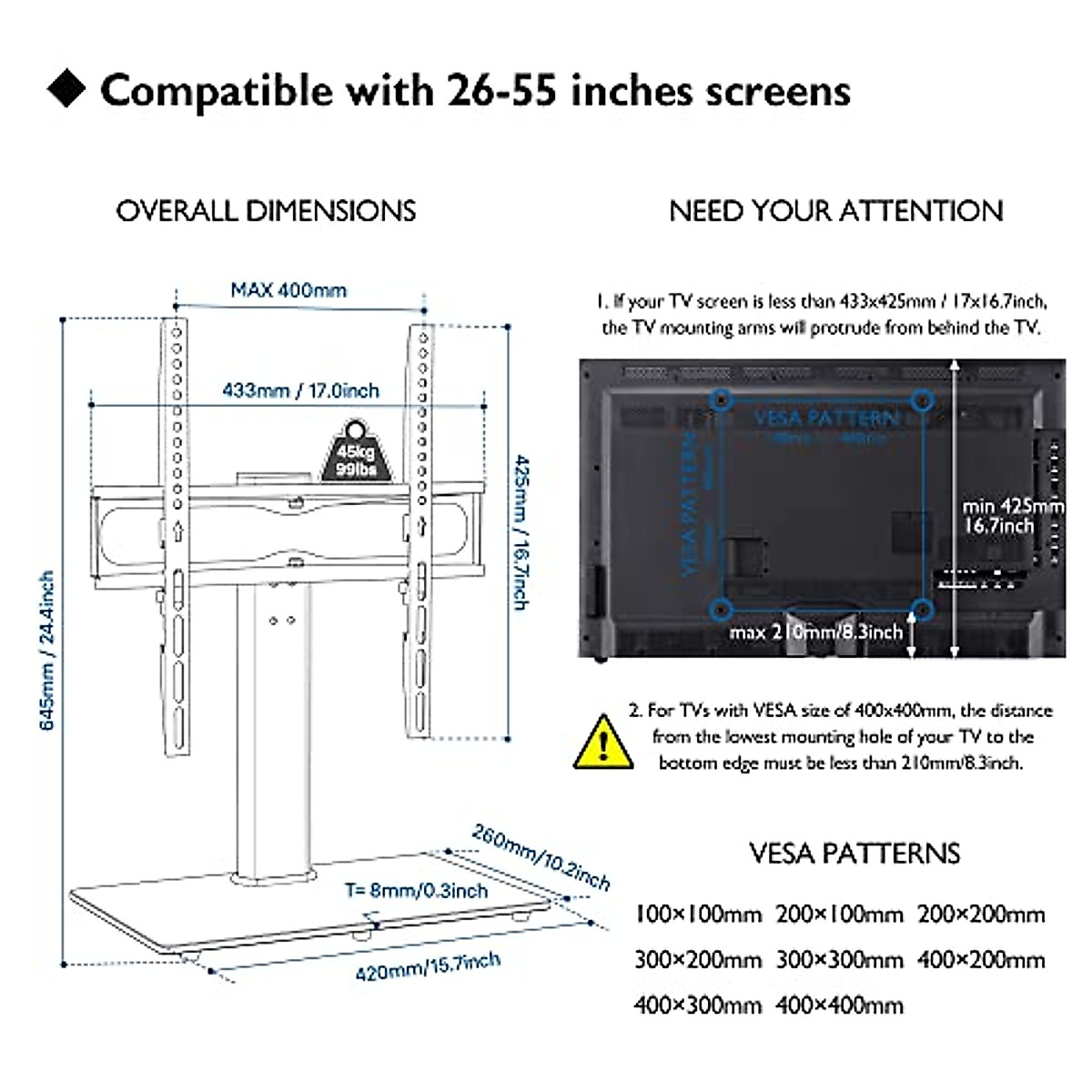 BONTEC Universal Swivel TV Stand Base, Table Top TV Stand for 26-55 inch LED OLED Flat Curved Screens, Height Adjustable TV Mount Stand with Glass Base Hold up to 99lbs, Max VESA 400x400mm