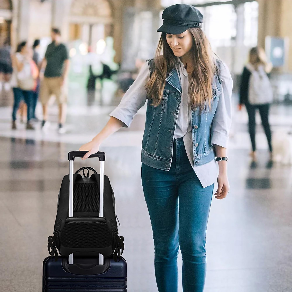 LUXEORIA Genuine Leather Backpack for Men and Women, Minimalistic Backpack, Handmade Retro Style 15.6" Laptop Bag, Daypack with Utility Pockets & Trolley Sleeve - Black