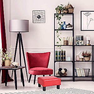 Julimoon Footrest Ottoman, Small PU Leather Stool w/Non-Skid Wood Legs, Modern Rectangular Footstool w/Padded Seat for Outdoor, Office, Living Room (Red)