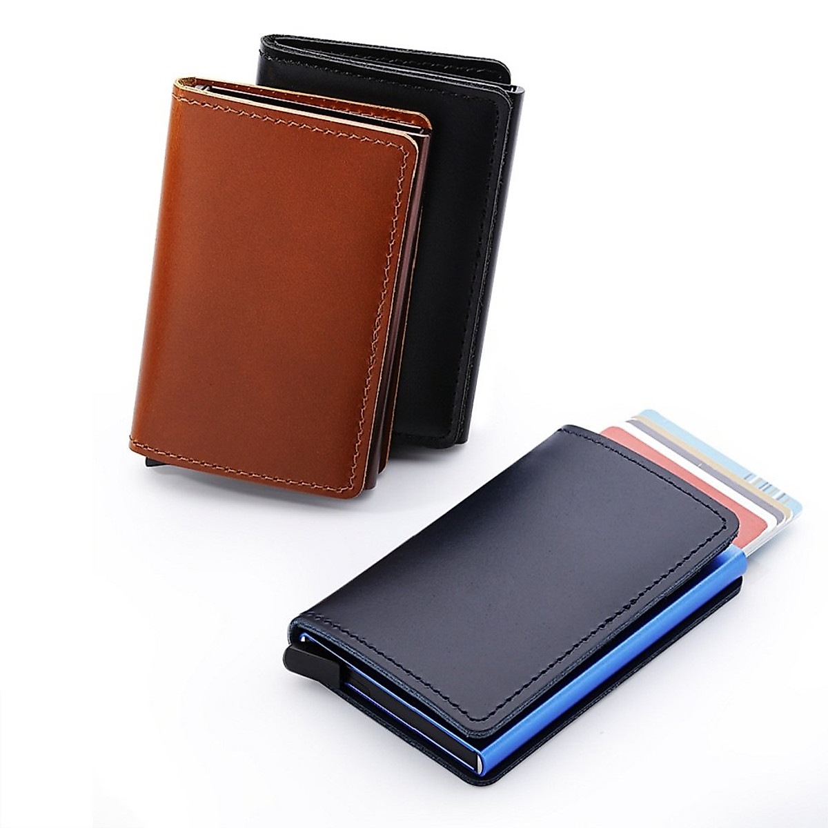 Dlife Credit Card Holder RFID Blocking Wallet Slim Wallet Cowhide Leather Vintage Aluminum Business Card Holder Automatic Pop-up Card Case Wallet Security Travel Wallet (Blue Case)