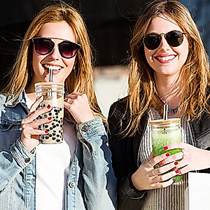 4Pack Glass Tumbler Cups with Bamboo Lids and Straws, 22oz Iced Coffee Cups-Reusable Mason Jar Drinking Glasses for Bubble Tea, Beer, Smoothie