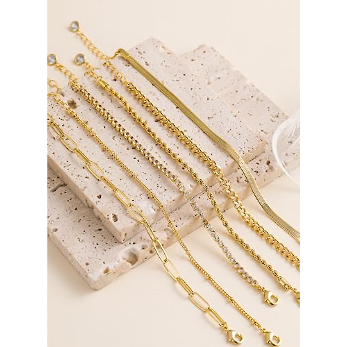 6Pcs Gold Chain Bracelet Sets for Women, 14K Gold Plated Bracelets for Girls, Jewelry Bracelets Set for Gifts, Cuba Paperclip Link Bracelets Set, Adjustable Bracelets with Rhinestone Pendant, 7.09'' and 1.9'' Extension