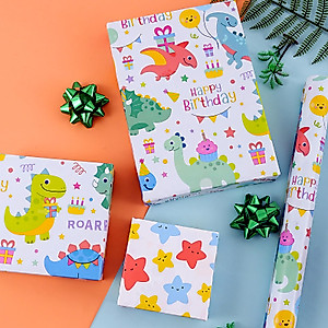 U'COVER Dinosaur Wrapping Paper Rolls Happy Birthday Gift Wrapping Paper Roll for Kids Boys Girls Baby Reversible Gift Wrap Dinosaur Star for Bday Party (DINOSAUR)