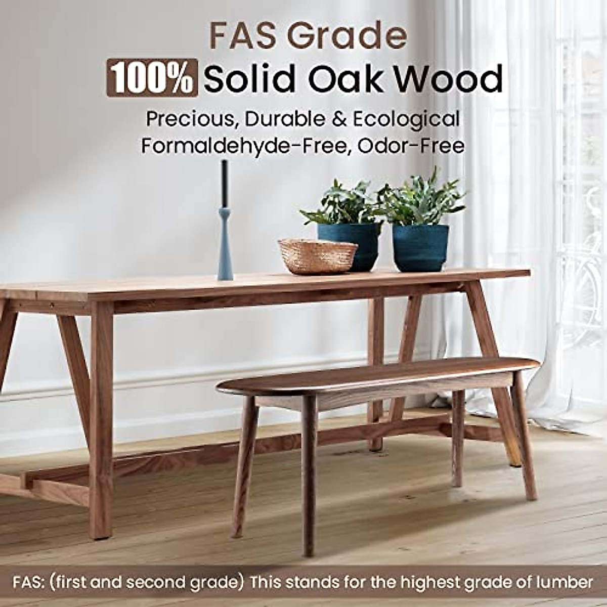 Fancyarn Wood Bench, 47" L FAS Grade 100% Solid Oak Wood Bench w/Rounded Corner, Large Comfortable Seat, Firm Mortise & Tenon Structure, Long Bench for Dining Room, Entryway, Bedroom