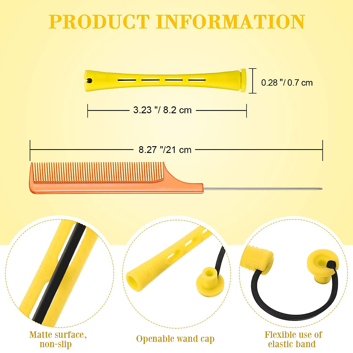 48 Pieces Plastic Curlers with Steel Pintail and Rat Tail Combs for Cold Wave Perming and Hairdressing Styling (Yellow and Orange, 0.28 Inch/ 0.7 cm)