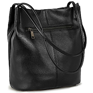 Iswee Genuine Leather Shoulder Bags Purse Totes Hobo Bucket Handbags for Women (Black)
