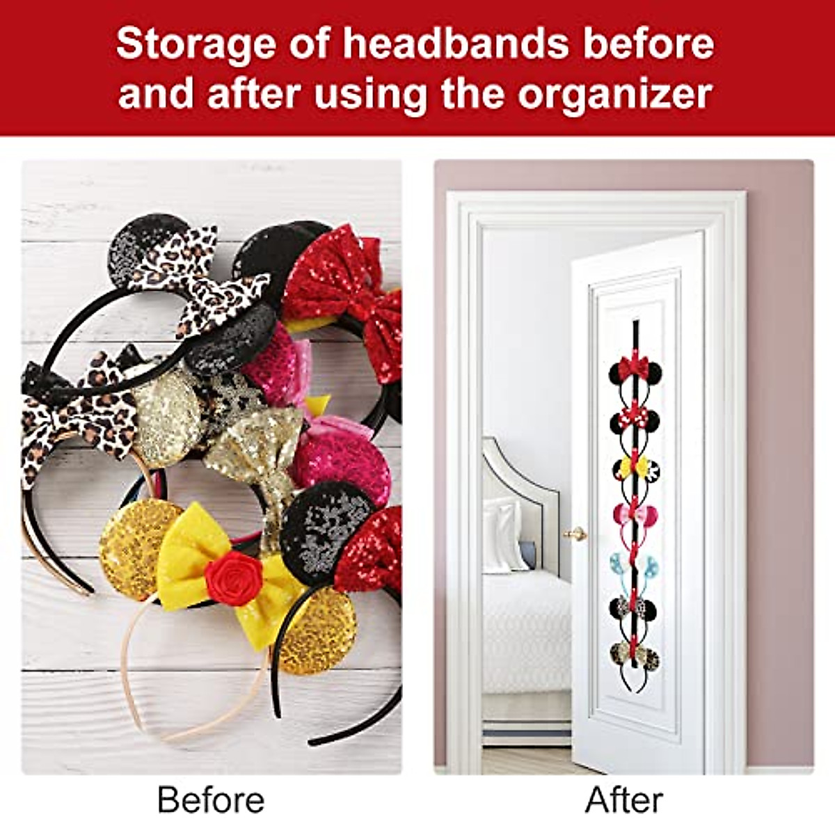 Nuolich 2Pcs Mouse Ears Headband Holder Hanging Wall Display Decor Bow Headpiece Hair Accessories Hanger Organizer