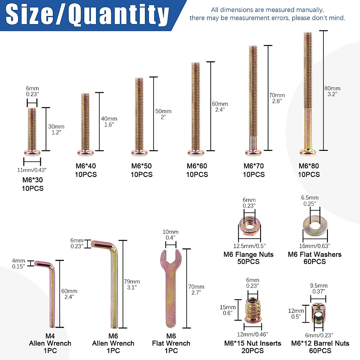 Glarks 253Pcs M6 Baby Bed Crib Screws Hardware Replacement Kit, M6x30/40/50/60/70/80MM Hex Socket Cap Screws with Nuts Washers and Tools for Chair Table Cabinets Furniture
