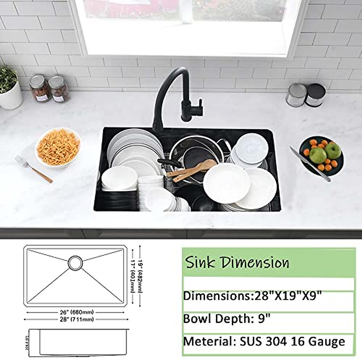 28 Inch Matte Black Kitchen Sink Undermount, Wesliv 28x19 Inch Undermount Matte Black Kitchen Sink 16 Gauge Deep Large Single Bowl Kitchen Sink with Cutting Board & Bottom Rinse Grid