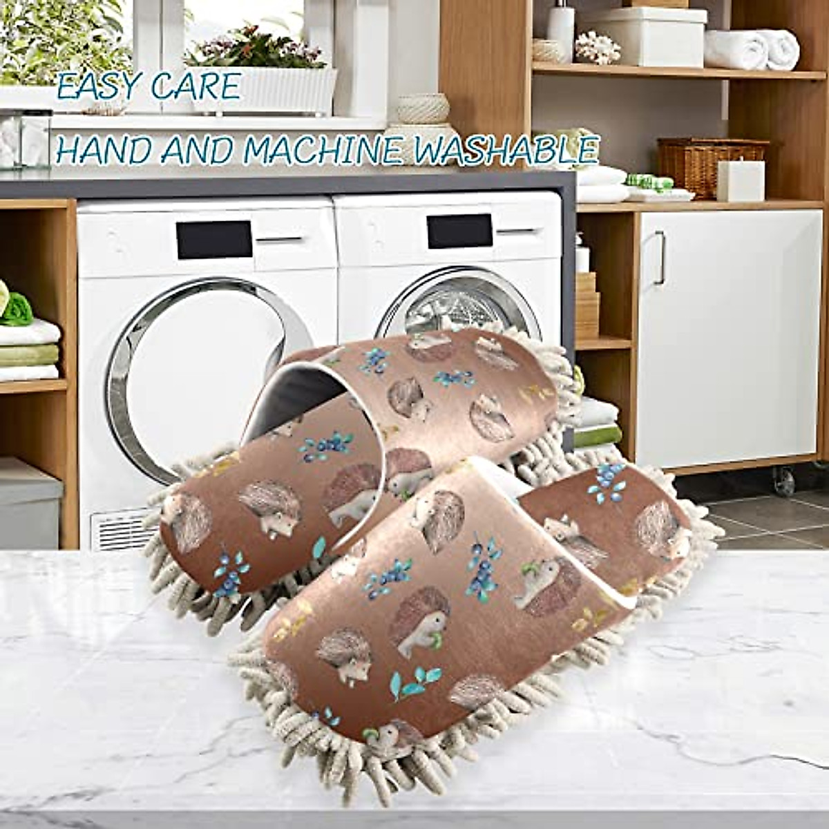 Kigai Microfiber Cleaning Slippers Hedgehog Flowers Washable Mop Shoes Slipper for Men/Women House Floor Dust Cleaner, Size L