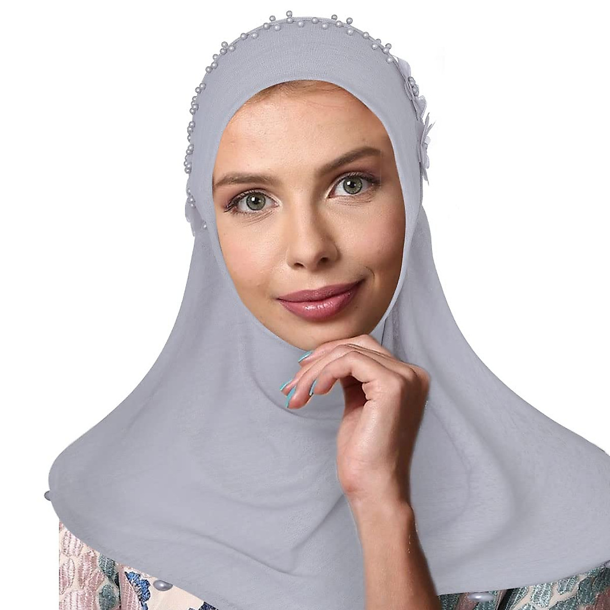Woeoe Pearl Muslim Hijab Cap Plain Color Pre-Tied Flower Hijab Lightweight Muslim Head Wrap for Women and Girls