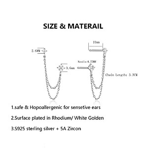 Lansora Double Piercing Earrings Silver Gold Cz Cubic Zirconia Stone Chain Link Dangle Stud Earrings