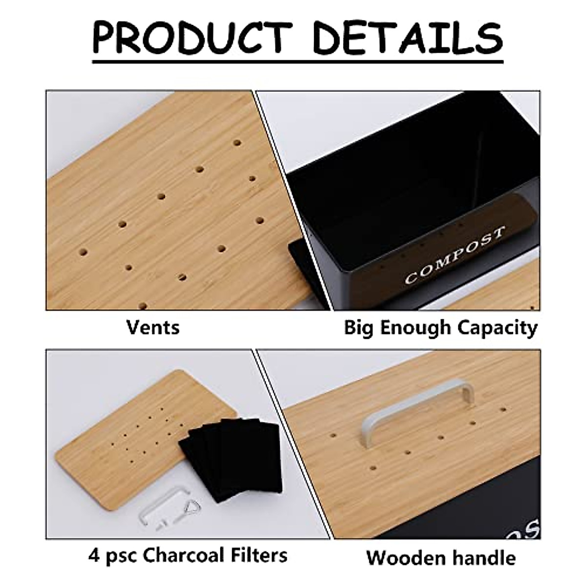 Gdfjiy Compost Bin Kitchen, Indoor Compost Bucket, Rectangle Compost Bin with Wooden Lid, 2 Gallon Capacity for Home Compost Tumbler, Kitchen Waste Garbage Can, Includes 4 Charcoal Filters (Black)