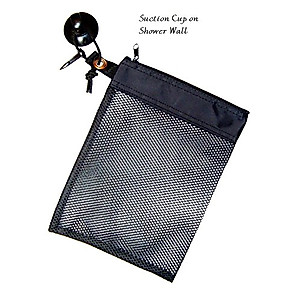 Mesh Caddy, Quick Dry Shower Tote Bag Hanging Toiletry and Bath Organizer with Suction Cup Clip Cord, Black, Rugged - Better Made in USA