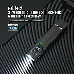 OLIGHT Arkfeld Flat Flashlight 1000 Lumens Dual Light Source EDC Lights with Green Beam and White LED Combo, with Rechargeable Built-in Battery for Outdoors, Emergency, Work (Black Cool White)