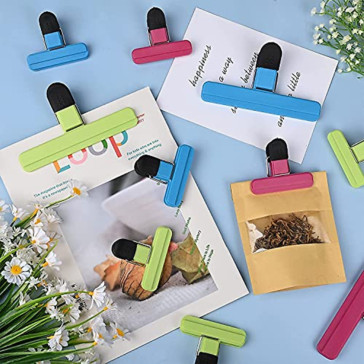 KZXXZH Chip Bag Clips, Heavy Duty Air Tight Seal Grip, Plastic Food Storage Clip for Opened Snack Packet in Kitchen/Home/Office (3 Colours, 9 Pack)