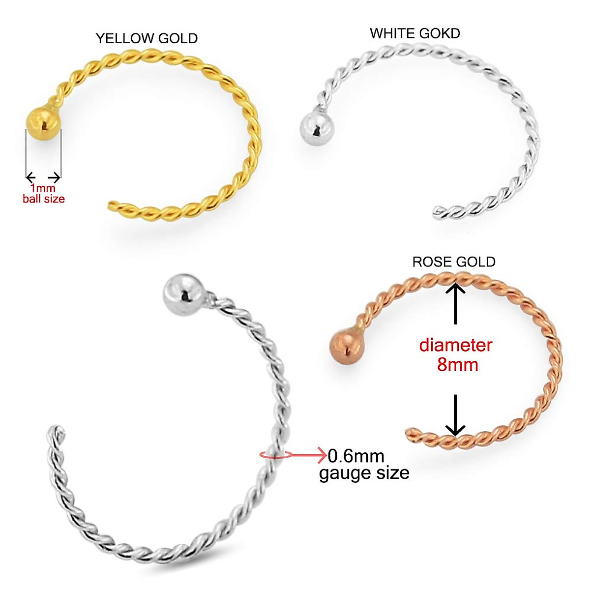 PiercingPoint 9KT Solid Yellow Gold 22 Gauge (0.6MM) - 5/16 (8MM) Length Half Nose Twister Hoop Ring Nose Jewelry