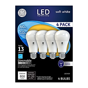 GE Lighting 67615 LED A19 Light Bulb with Medium Base, 10.5-Watt, Soft White, 4-Pack, 4 Count (Pack of 1)