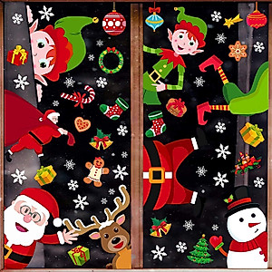 90shine 314PCS Christmas Decorations Window Clings - Xmas Holiday Snowflake Santa Elf Reindeer Gnome Peeking Decals, Winter Wonderland Party Supplies Decor, 12 Sheets