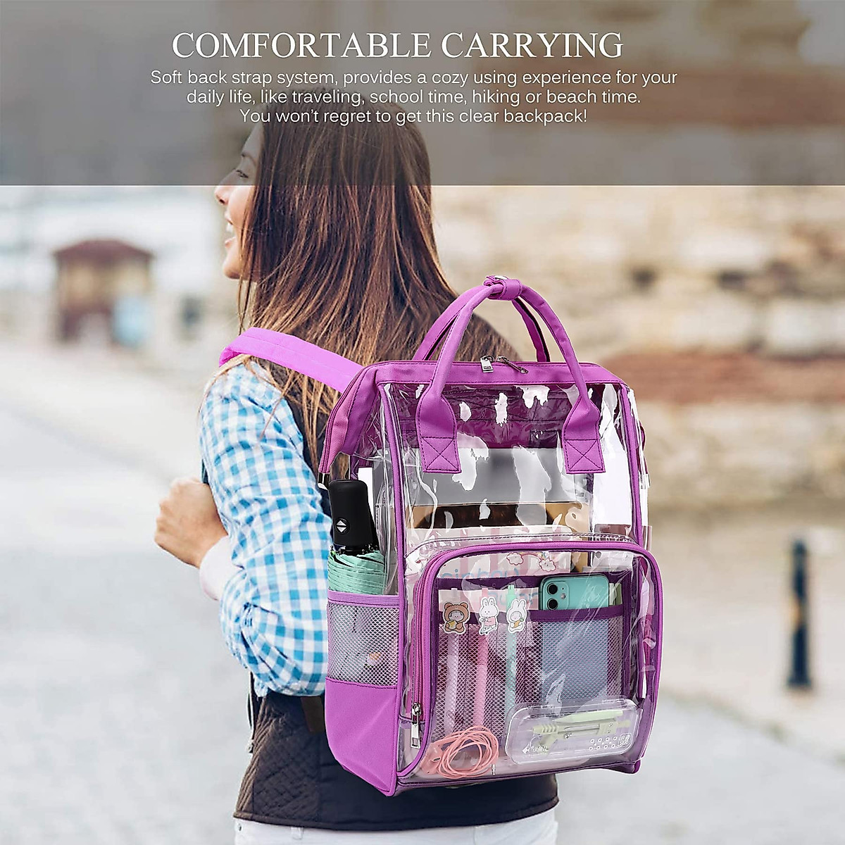 Yusudan Heavy Duty Clear Backpack for Men Women, School Bag Bookbag PVC Plastic Transparent Backpacks for Boys Girls (Purple)