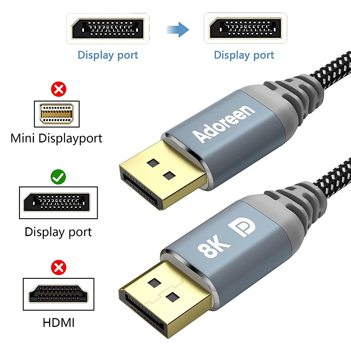 8K DisplayPort 1.4 Cable 8 Feet/2 Pack,Adoreen DP Cord(From 1.5-30FT)8K@60Hz 4K@144Hz 2K 1080P@240Hz 32.4Gbps HBR3 HDCP HDR,FreeSync G-Sync,Braided Display Port for Monitor Graphics+ 5 Ties-NOT HDMI