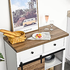 HOMCOM Farmhouse Coffee Bar Cabinet, Barn Door Wine Cabinet with Storage, Sideboard Buffet Cabinet with Wine Racks for Kitchen, White