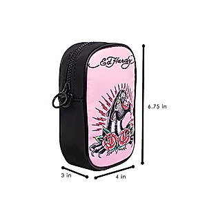 ED HARDY Unisex Black/Pink Jaguar Rose Tatoo Print Nylon Phone Crossbody Bag With Adjustable Shoulder Strap