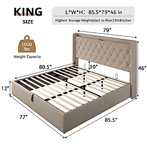 iPormis King Size Lift Up Storage Bed Frame with Charging Station, Upholstered Platform Bed Frame with Tufted Headboard, Hydraulic Storage, No Box Spring Needed, Noise-Free, Easy Assembly, Beige