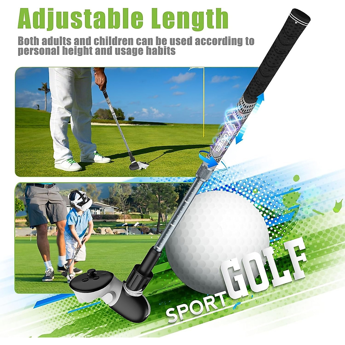 YOGES Adjustable Length VR Golf Club Handle for Meta Quest 3S/Quest 3/Oculus Quest 2, 90 Degree Virtual Reality Baseball Controller Attachment, Simulator Real Golf Game (ONLY for Right Controller)