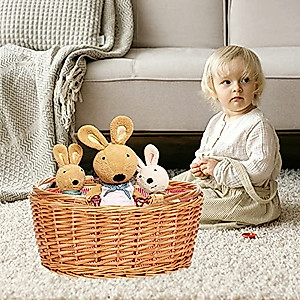 TwentyNext Wicker Picnic Basket with Double Folding Handles, Natural Large Willow Hamper Empty Basket Cheap Easter Eggs Candy Storage Wine Basket for Toy, Flower, Wedding Gifts（Red Stripe L）