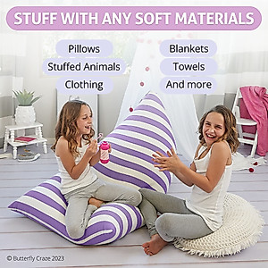 Butterfly Craze Bean Bag Chair Cover, Functional Toddler Toy Organizer, Fill with Stuffed Animals to Create a Jumbo, Comfy Floor Lounger for Boys or Girls, Stuffing Not Included, Purple Stripes