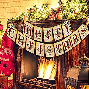 Merry Christmas Banner, Vintage Xmas Decorations Victorian Style Christmas Bunting Banner Christmas Tree Decorations for Home Christmas Party Fireplace Mantle Decor