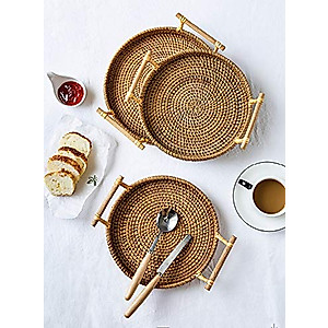 Hand-Made Round Rattan Tray with Handle, Food Basket, Basket, Perfect for displaying Bread, Coffee Breakfast or Fruit 11x11xo.39in
