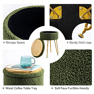 Round Storage Ottoman Foot Rest, Green Ottoman Faux Teddy Fur Vanity Stool with Gold Legs, Coffee Table Top Tray, Modern Ottoman with Storage, Makeup Footstool Vanity Chair for Living Room, Bedroom