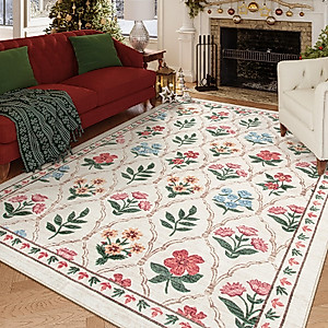 LIVEBOX Beige Living Room Rug 8x10, Soft Ultra-Thin Retro Rugs for LivingRoom, Thin Non-Slip Cream Rug for Bedroom, Low-Pile Floral Boho Rug for Dining Room(8 x 10ft, Beige/Multi)