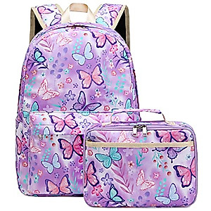 OctSky Backpack for Girls Kids Backpack Elementary Bookbags Teens Middle School Backpack with Lunch Box Water-repellent Lightweight Butterfly Purple