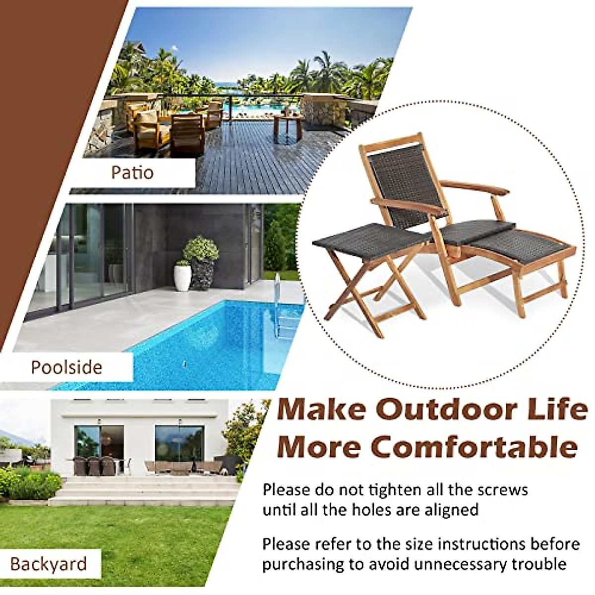 Tangkula Patio Lounge Chair and Side Table Set, Acacia Wood Wicker Folding Table and Armrest Chair with Retractable Ottoman, Acacia Wood Outdoor Chaise Lounger for Garden, Backyard, Poolside, Balcony