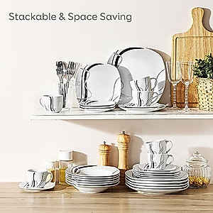 VEWEET, Series Fiona, 30-Piece Dinnerware Sets for 6, White Dishes Set with Black and Gray Stripes, Porcelain Dinner Set Including Dessert Plates, Soup Plates, Dinner Plates, Cups & Saucers