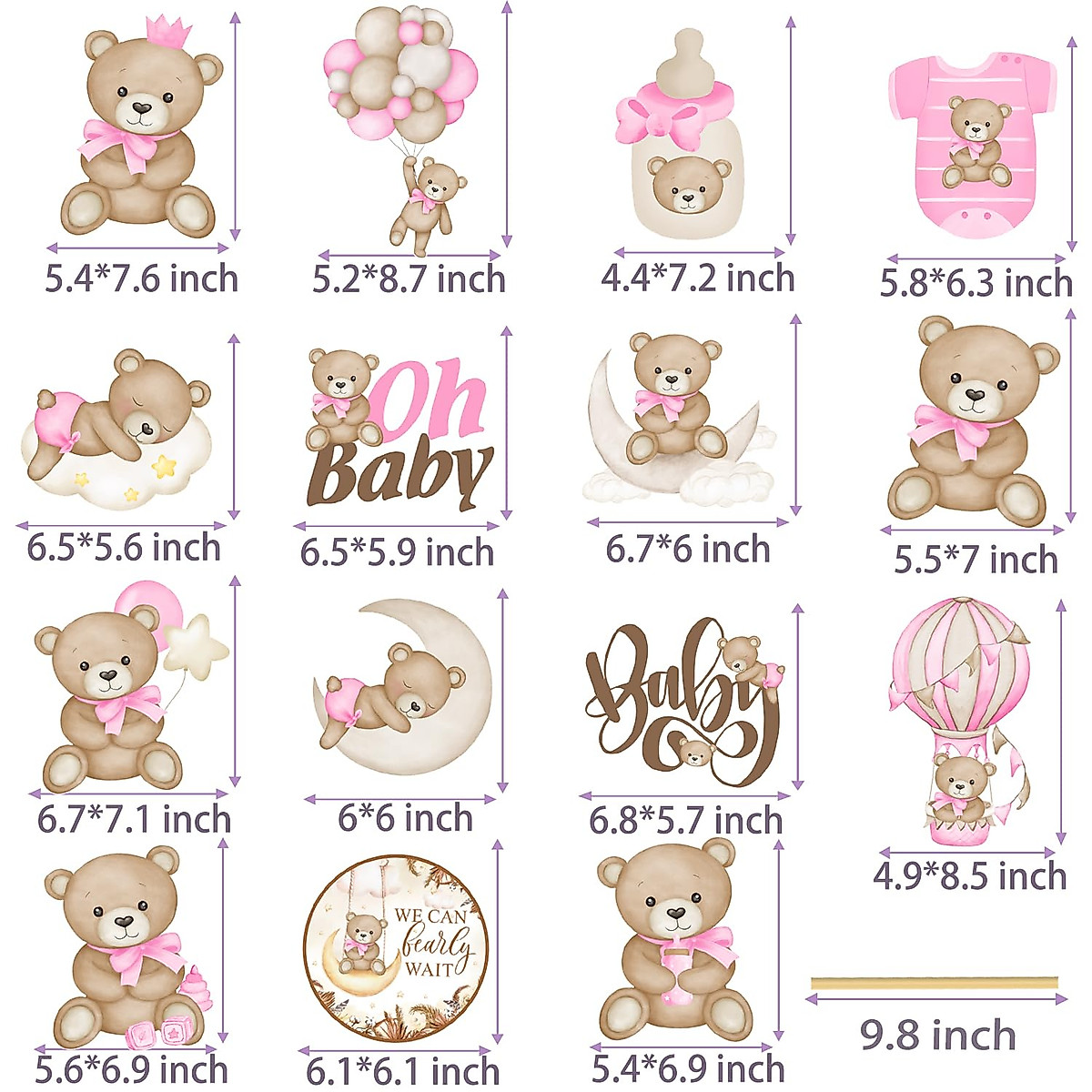 30Pcs Pink Bear Centerpiece Sticks We Can Bearly Wait Baby Shower Decorations Teddy Bear Table Toppers Bear Baby Shower Decorations Bear Centerpieces for Table Girls Baby Shower Supplies