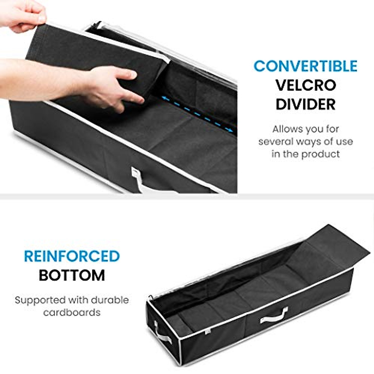 ZOBER Under Bed Shoe Storage Organizer (8 Pairs) Under Bed Storage for Shoes, Customizable Slots for Boots, Clothes Blanket/Comforter Underbed Shoe Storage Containers with Handles (Black)