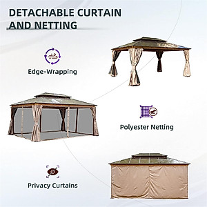Goohome 12 x 16FT Hardtop Gazebo, Aluminum Frame Double Roof Gazebo with Mosquito Net and Curtains, Outdoor Permanent Hard Top Waterproof Pergola for Shade and Rain for Lawn, Backyard, Deck