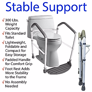 RMS Toilet Safety Frame & Rail - Folding & Portable Bathroom Toilet Safety Rails - Handrail Toilet Bars with Adjustable Height (White)