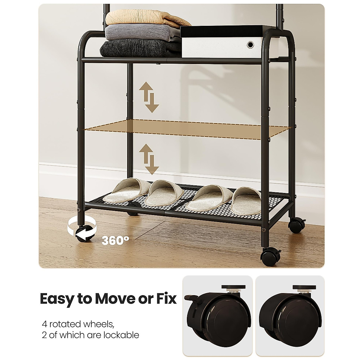 Hzuaneri Clothes Rack, Garment Rack with 2-Tier Storage Shelf, 2-In-1 Design, Clothing Rack with 4 Wheels, Metal Frame Shoe Rack, Coat Rack with 4 Hooks for Bags, 220 lb Max, Black GR07660B