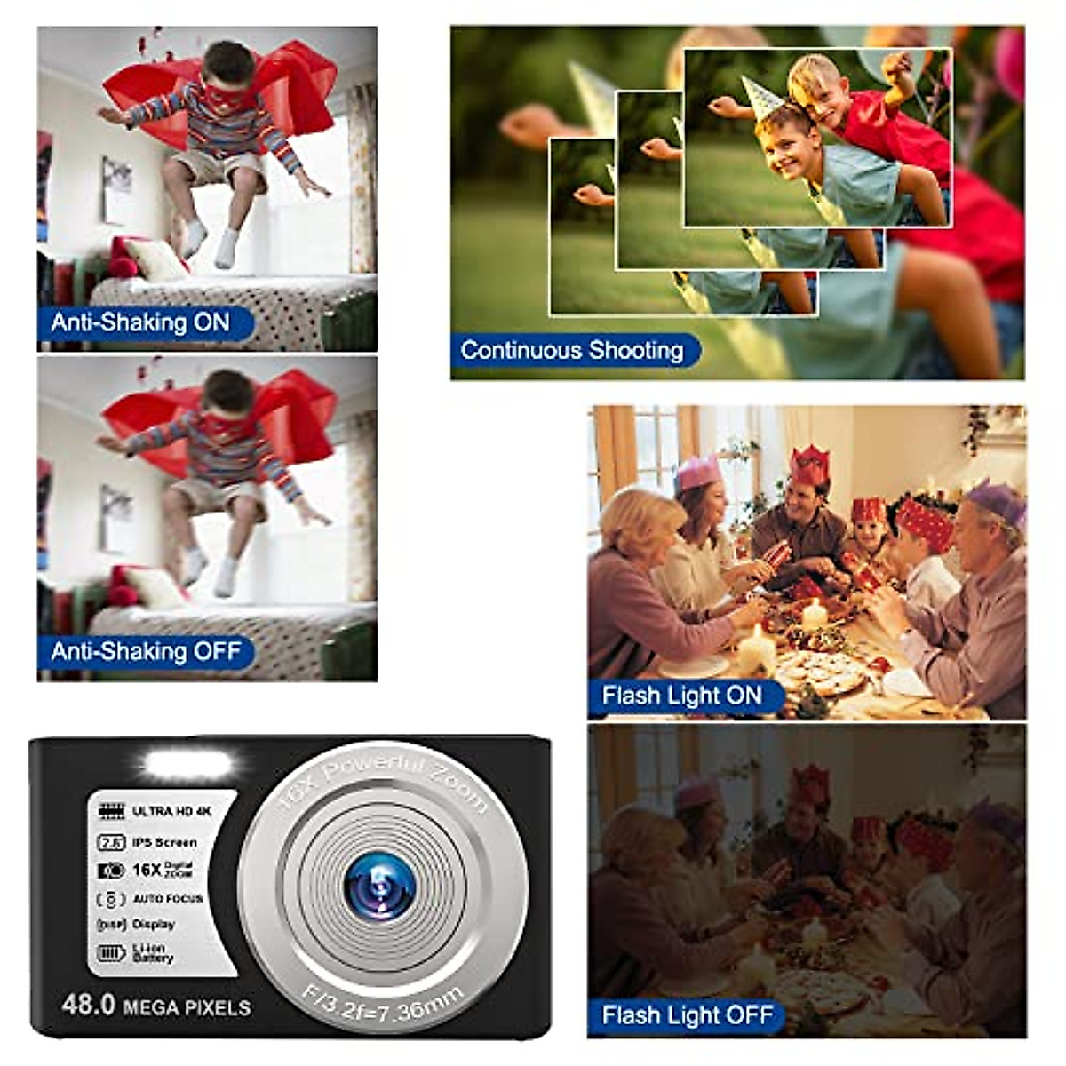 4K Digital Camera 48MP Kids Compact Camera Autofocus 16X Digital Zoom Children Portable Camera for Boys, Girls,Beginners (with 32GB SD Card and 2 Batteries)