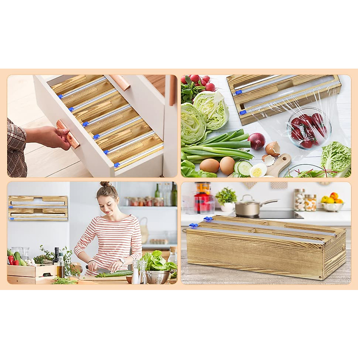 2 in 1 Wood Plastic Wrap Dispenser with Cutter, Foil Plastic Wrap Roll Organizer for Kitchen Drawer, Aluminum Foil, Wax Paper, Parchment, Saran Wrap Dispenser for Organization and Storage