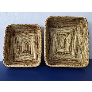 FiaLife Rattan Hand Woven Rectangular Decorative Rustic Storage Trays for Home/Social Events - Bread Basket, Vegetable, Fruits, Snacks, Crackers, Kitchen/Bathroom Organizer. Set of 2.